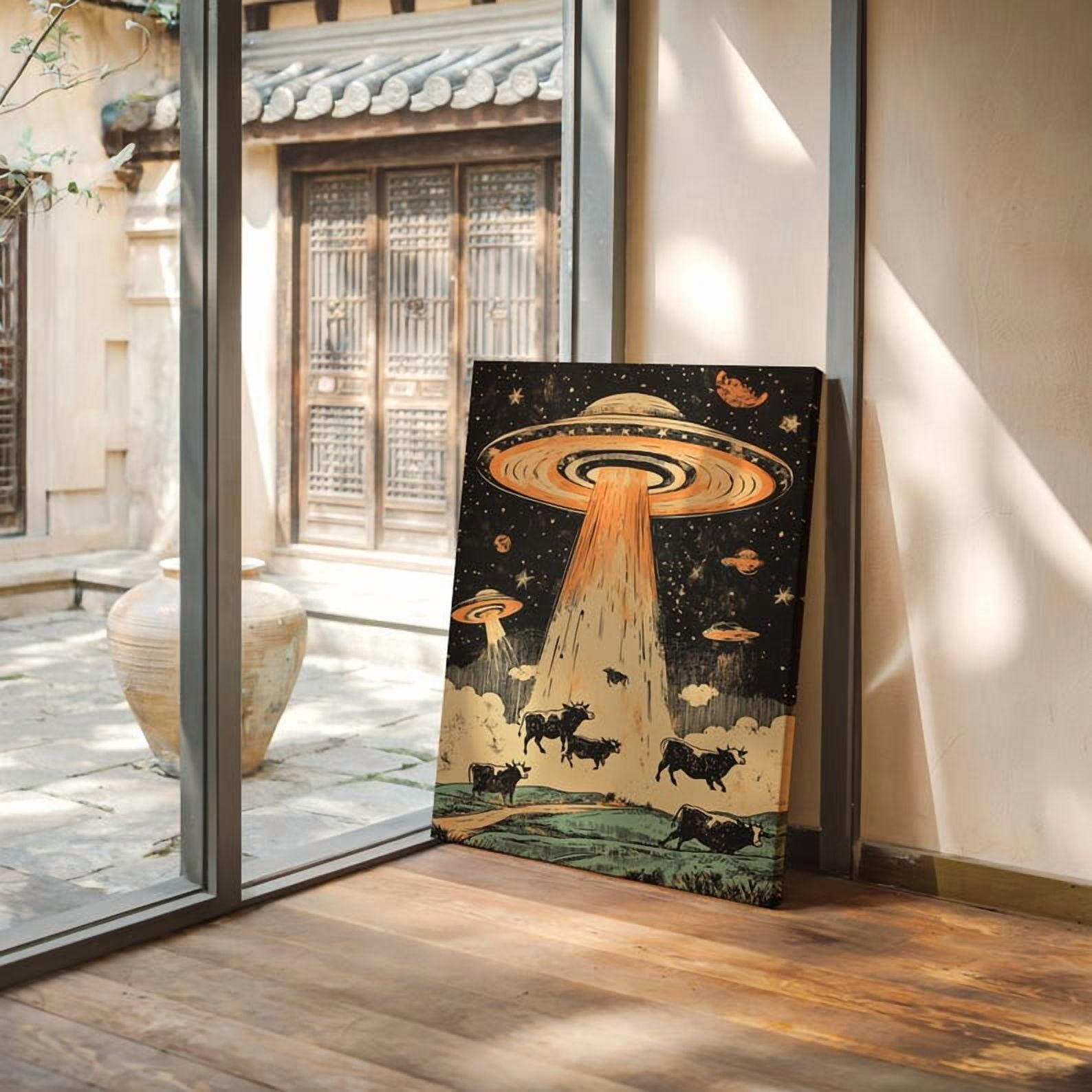 Velto Cow Abduction UFO Wall Art – Retro Alien canvas with Space Cows ...