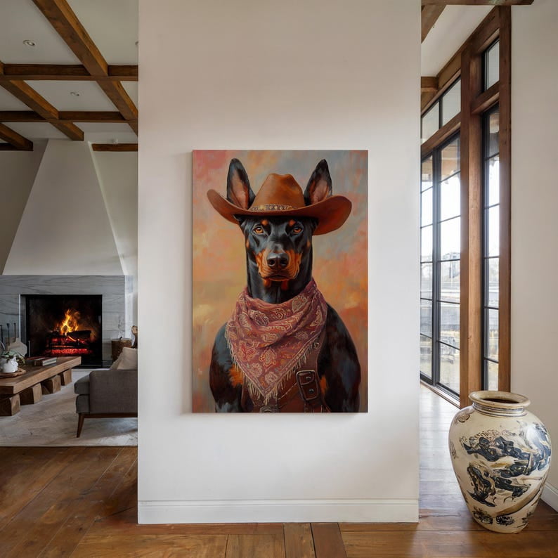 Velto Cowboy Doberman Canvas Art, Western Dog Decor, Rustic Farmhouse ...