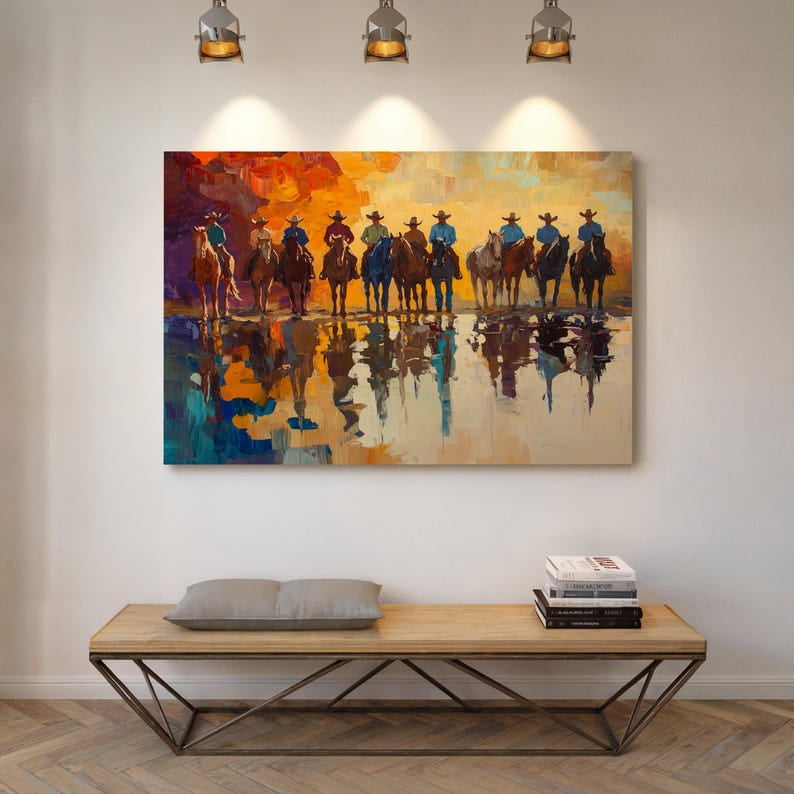 Velto Cowboy Sunset Canvas Art - Western Riders Reflection, Colorful ...