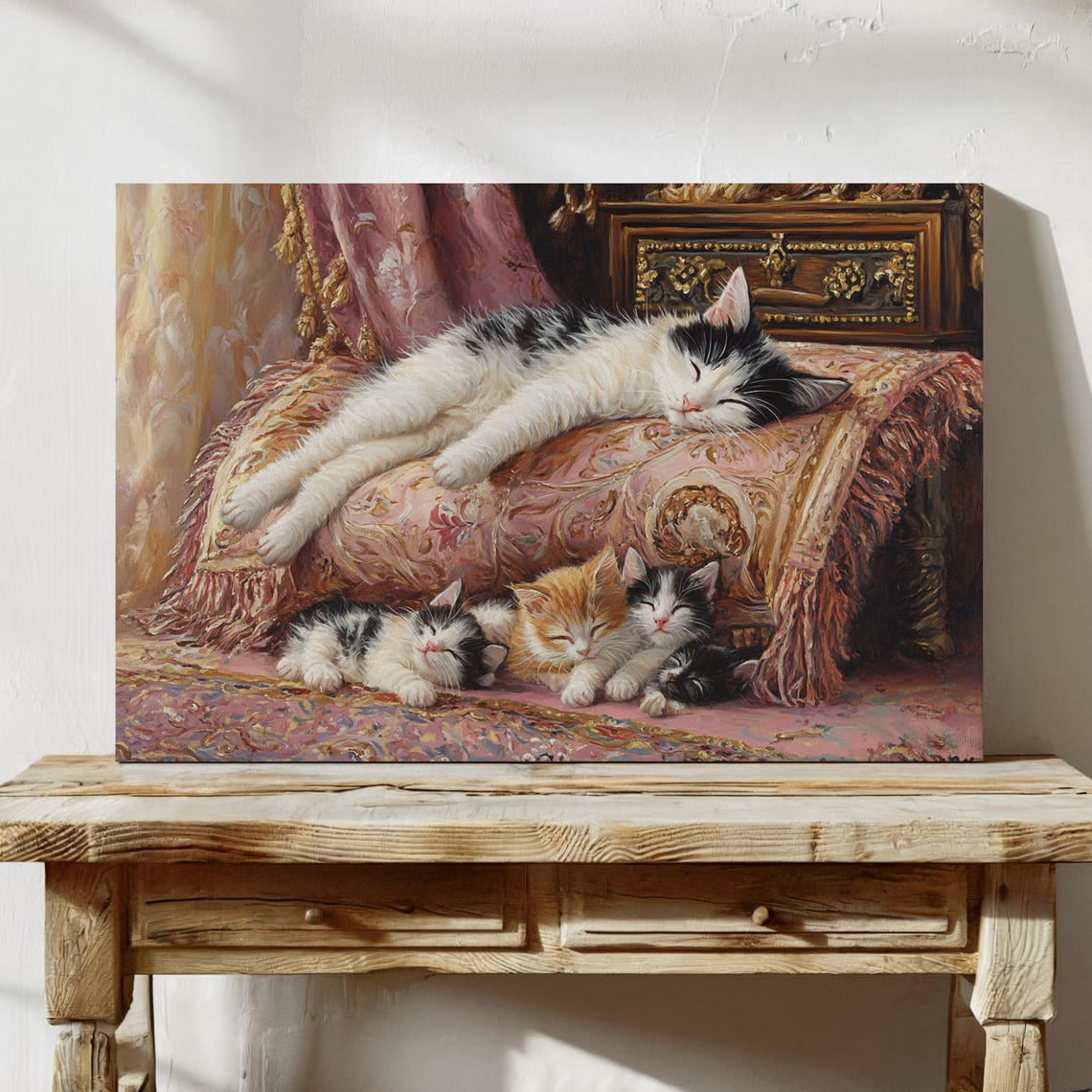 Velto Cozy Kittens Sleeping On A Velvet Couch, A Peaceful Family Of ...