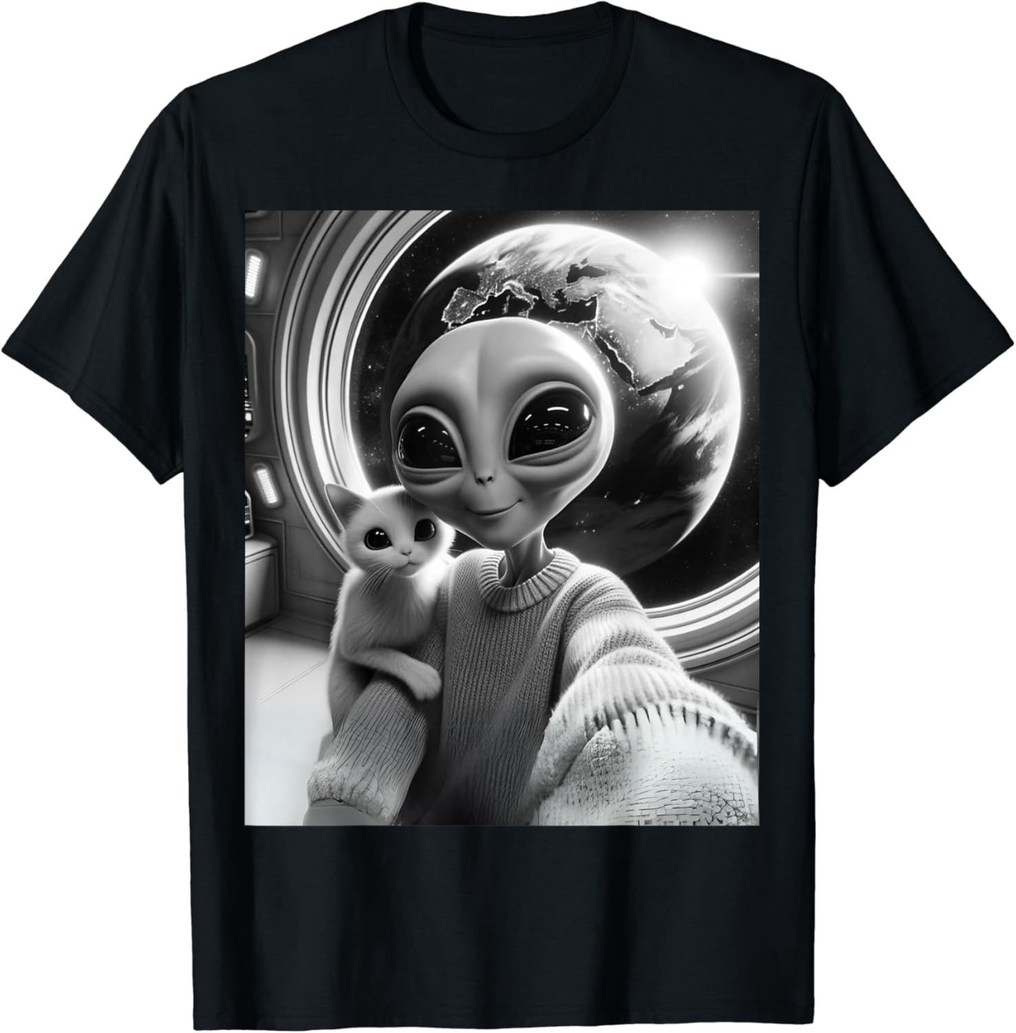 Velto Cute Alien Cat Selfie Black and White UFO Earth Photo T-Shirt All ...