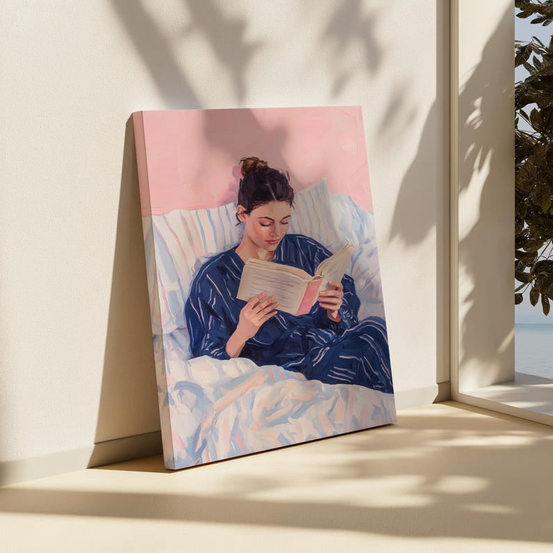 Velto Dreamy Woman Canvas Wall Art Relaxing Reading in Bed Illustration ...