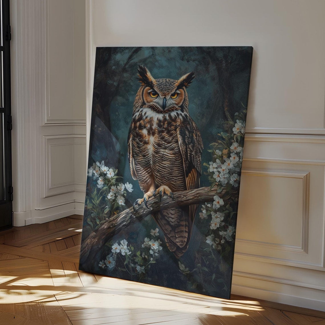 Velto Enchanting Great Horned Owl Canvas Art with White Flowers ...