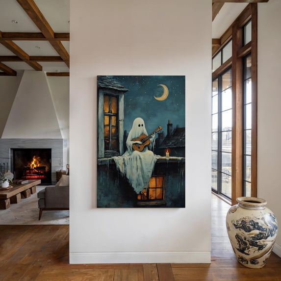 Velto Ghost On Rooftop Playing Guitar Wall Art, Whimsical Night, Spooky ...