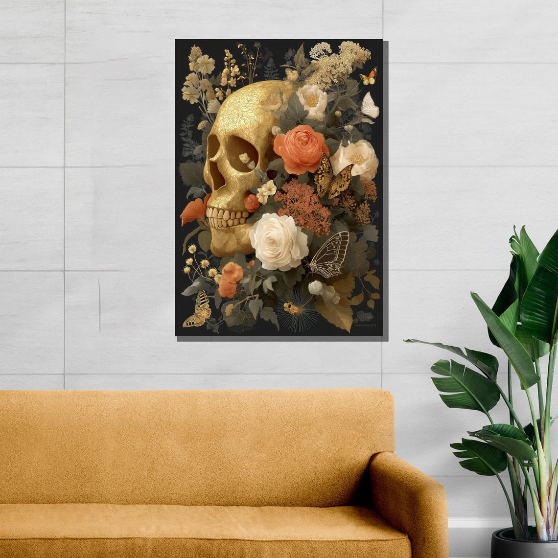 Velto Golden Skull With Floral Pattern, Baroque Style Canvas, Skull ...