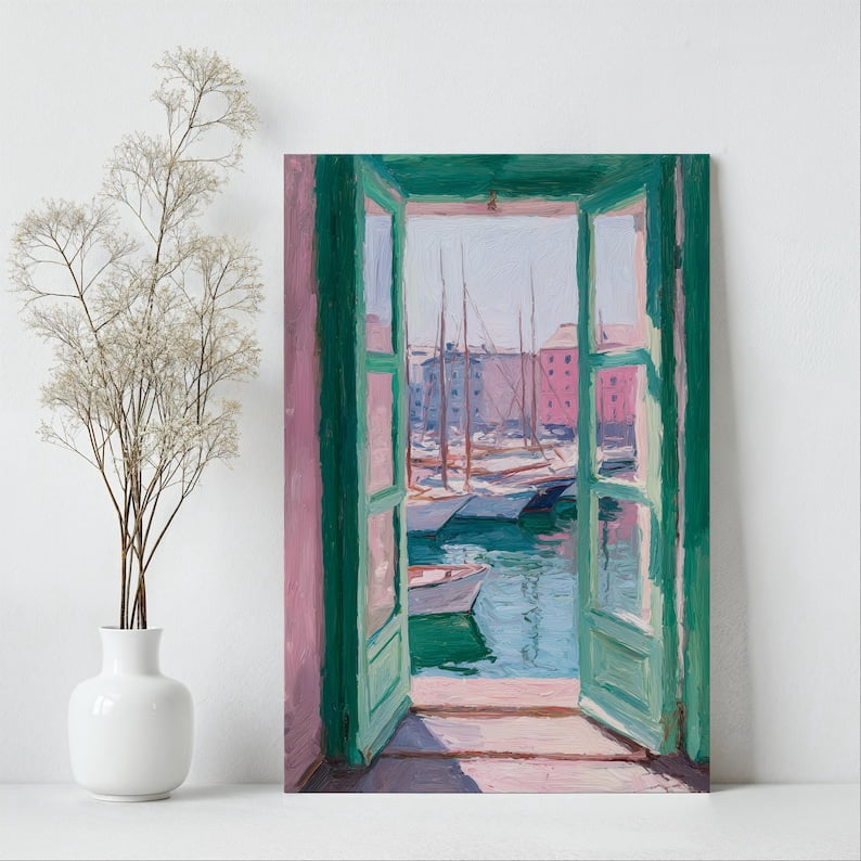Velto Green Door Coastal Canvas, Ocean View Wall Art, Boats and Plants ...