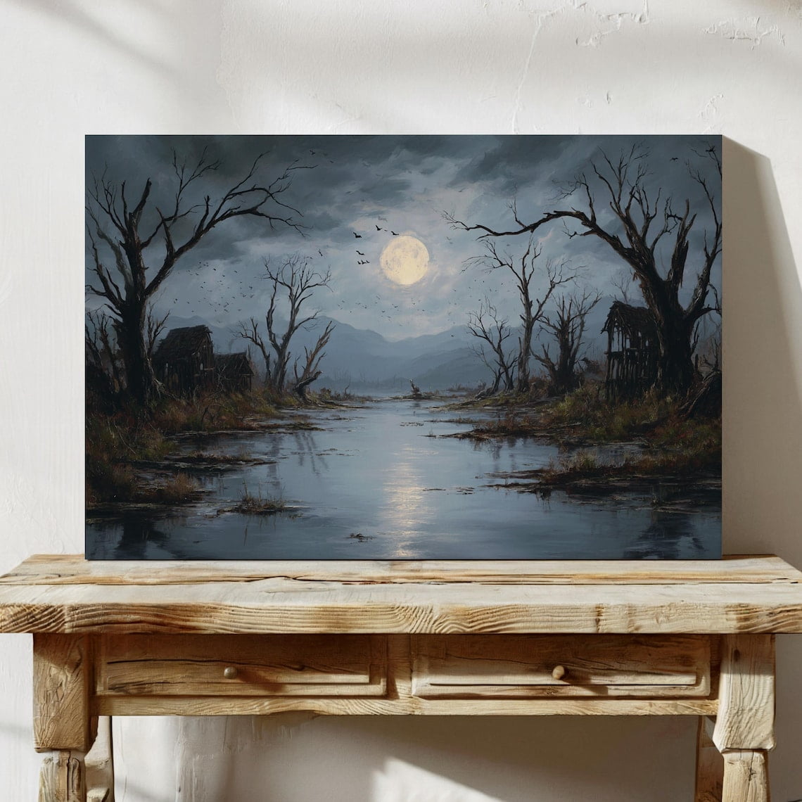 Velto Haunted Swamp Full Moon Art, Spooky Marsh Landscape, Gothic Night ...