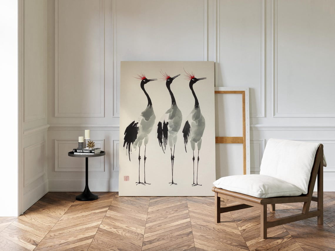 Velto Japanese Crane Wall Art – Minimalist Ink Style Bird Canvas, Asian ...