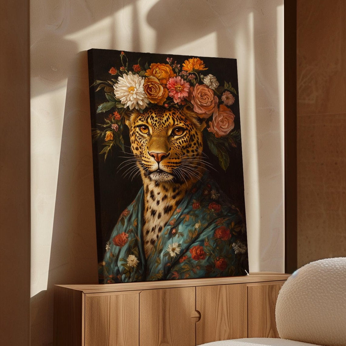 Velto Leopard With Vibrant Floral Crown Canvas Art - Exotic Animal ...
