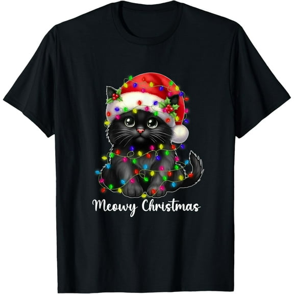 Black Cat Christmas Festive Hat Holiday Lights Funny Meowy Kitty Lover ...