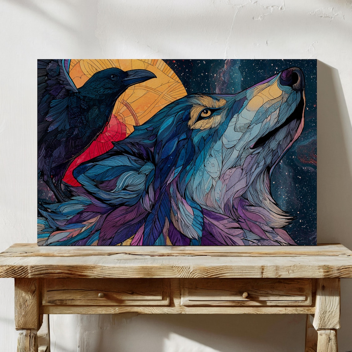 Velto Mystic Wolf And Raven Canvas Art | Spiritual Animal Totem In ...