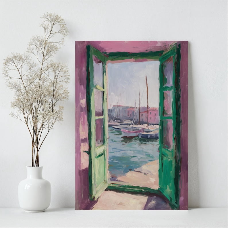Velto Ocean Scene Canvas, Green Door Coastal Wall Art, Boats and Plants ...