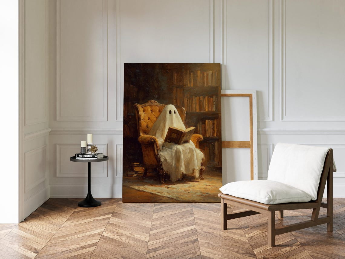 Velto Reading Ghost In Library Art – Cozy Spooky Ghost Wall Decor ...