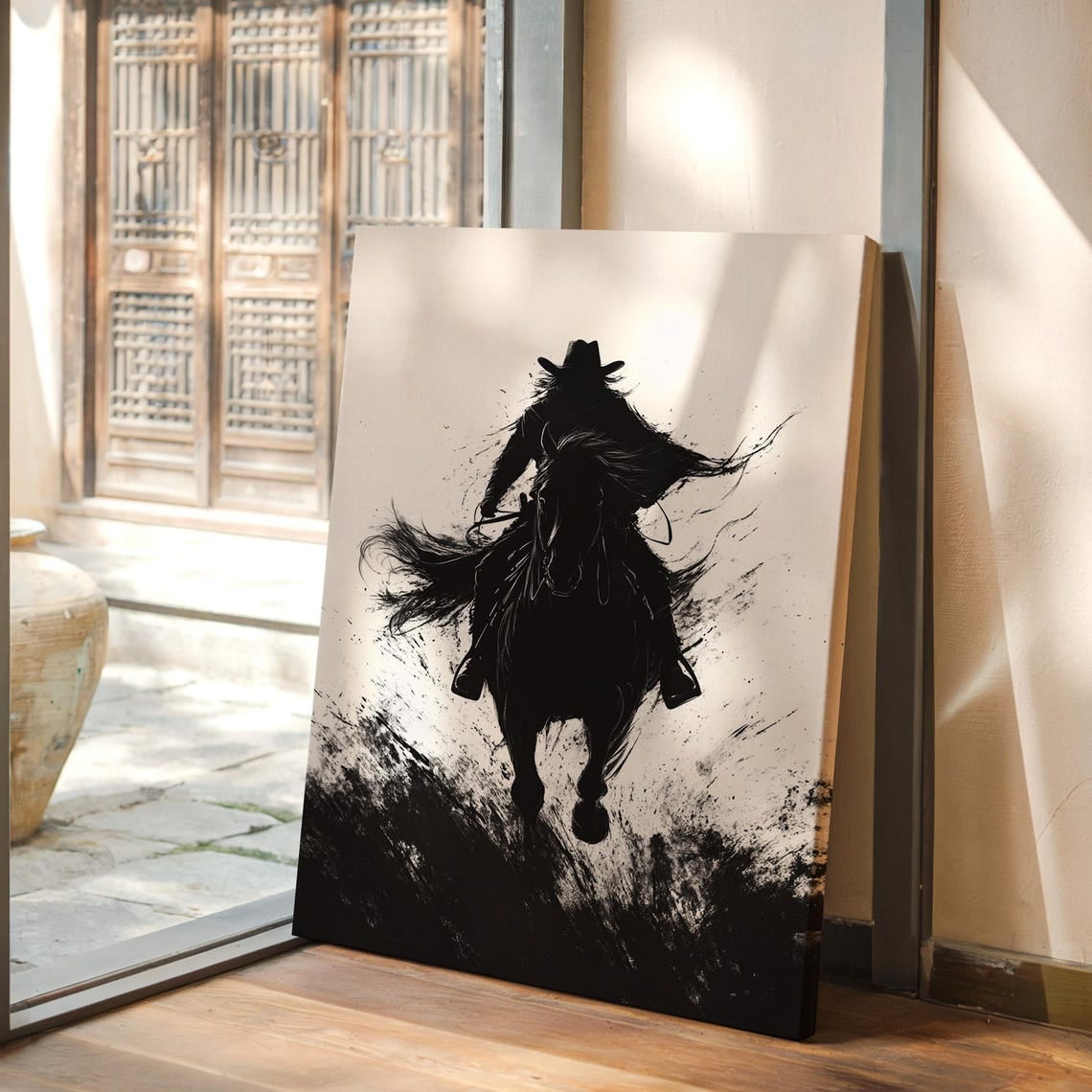 Velto Shadow Rider Canvas Art - Black and White Cowboy Silhouette ...