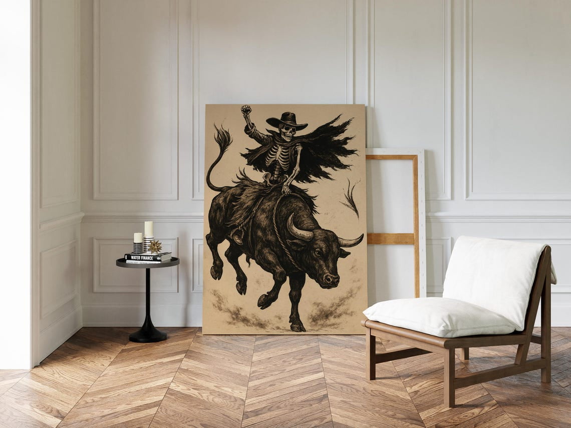 Velto Skeleton Bull Rider Canvas Art Gothic Western Rodeo Illustration ...