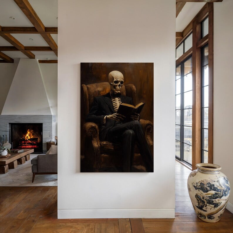 Velto Skeleton in Vintage Armchair Reading – Gothic Canvas for Dark ...