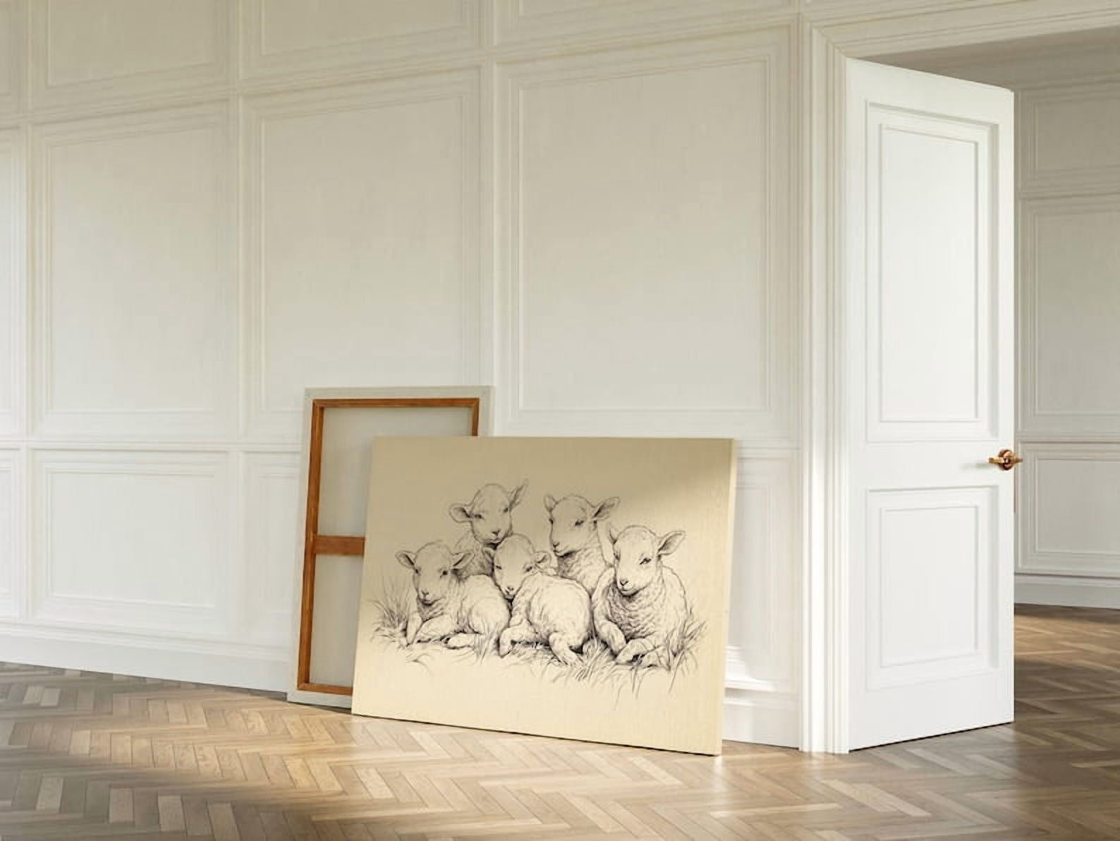 Velto Vintage Baby Lamb Line Drawing Canvas Farm Animal Ink Sketch ...