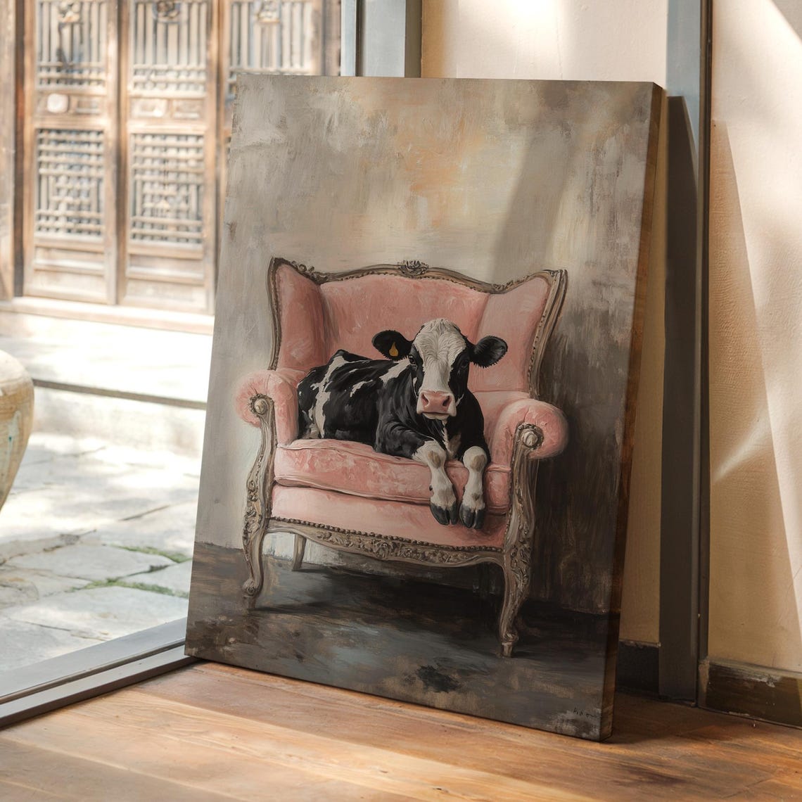 Velto Vintage Cow Art Farmhouse Decor Rustic Country Cow on Sofa Canvas ...