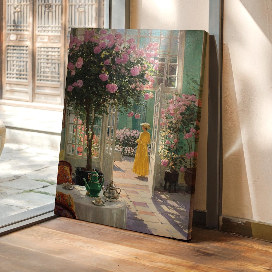 Velto Vintage Garden Tea Scene Canvas Art - Woman in Yellow Dress Among ...
