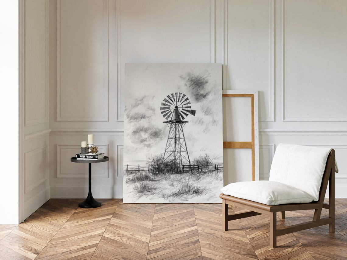Velto Vintage Windmill Sketch Art, Black And White Farm Windmill Wall ...