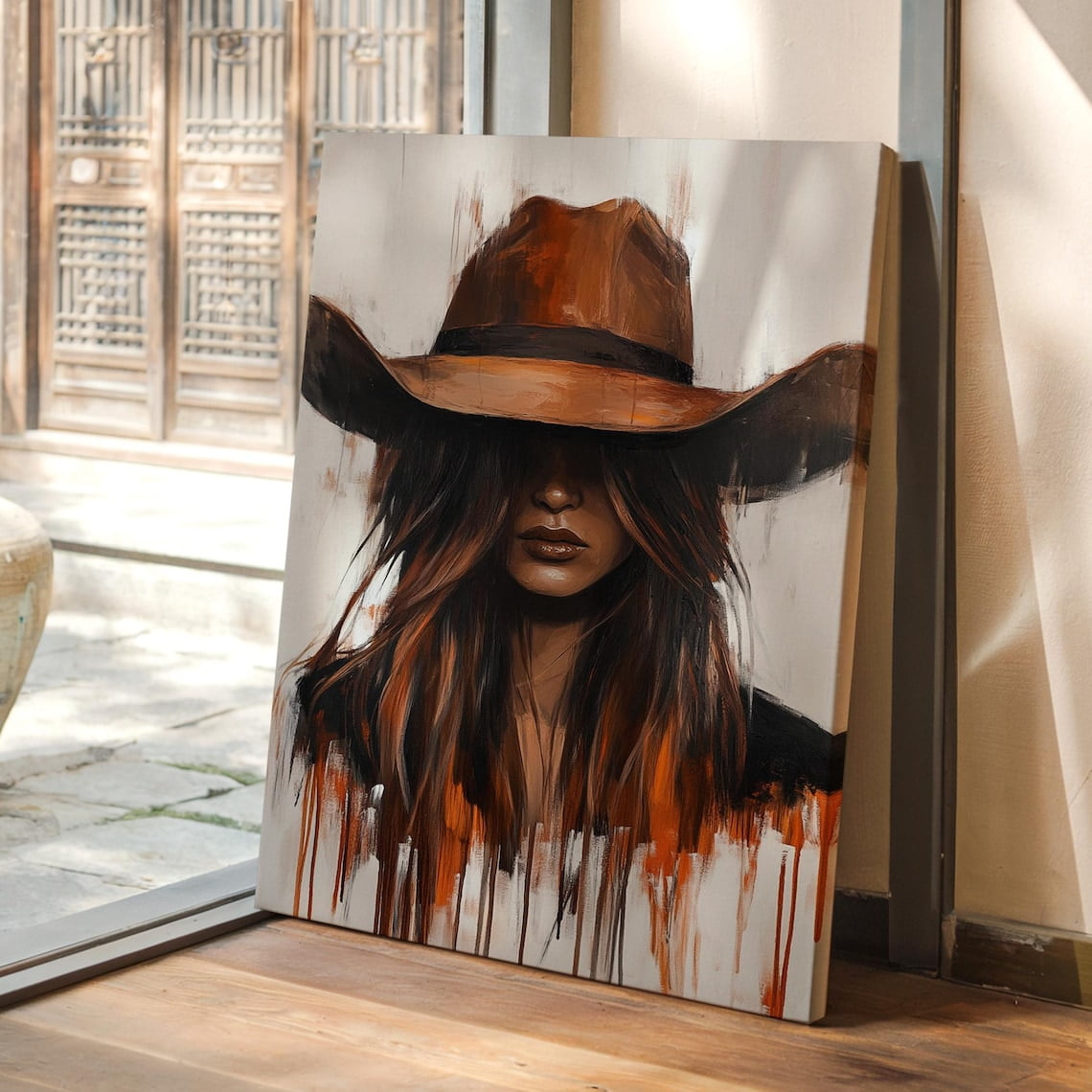 Velto Western Cowgirl Canvas Wall Art - Brunette Dripping Paint ...