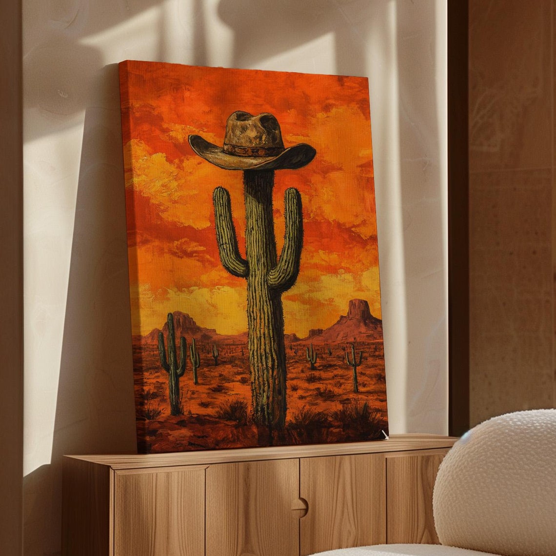 Velto Western Desert Cactus Canvas - Quirky Cowboy Hat Art, Vibrant ...