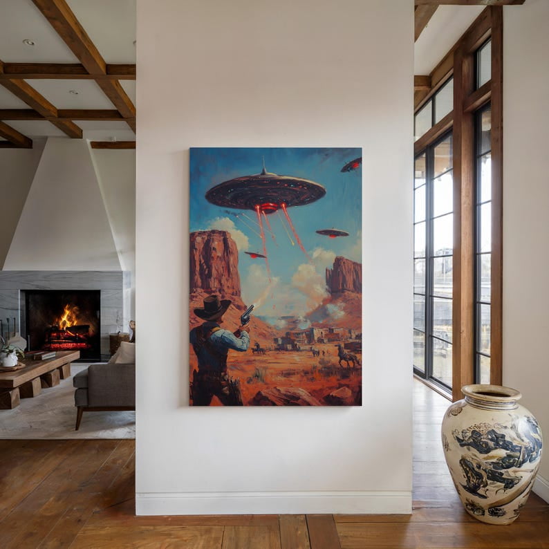 Velto Western Desert Canvas Wall Art Cowboy Battling UFOs Sci Fi and ...
