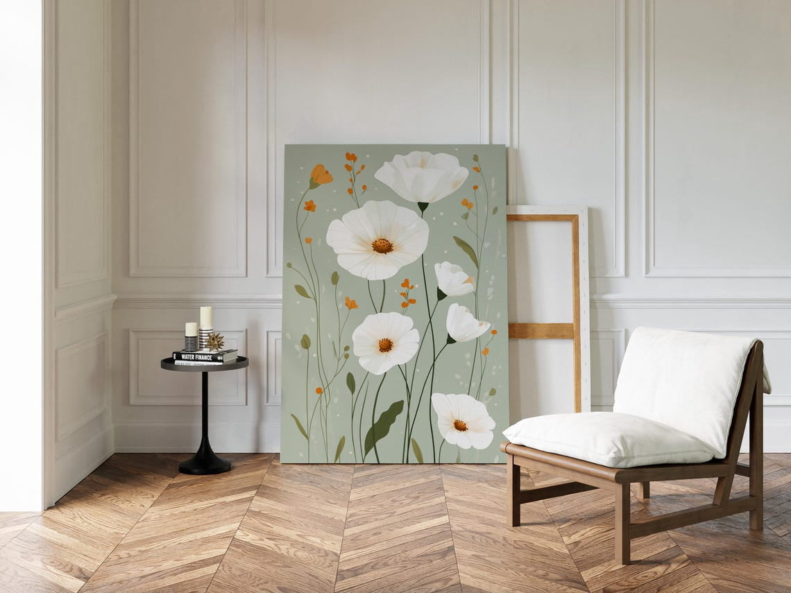 Velto White Wildflower Canvas Wall Art – Minimal Botanical With Soft ...