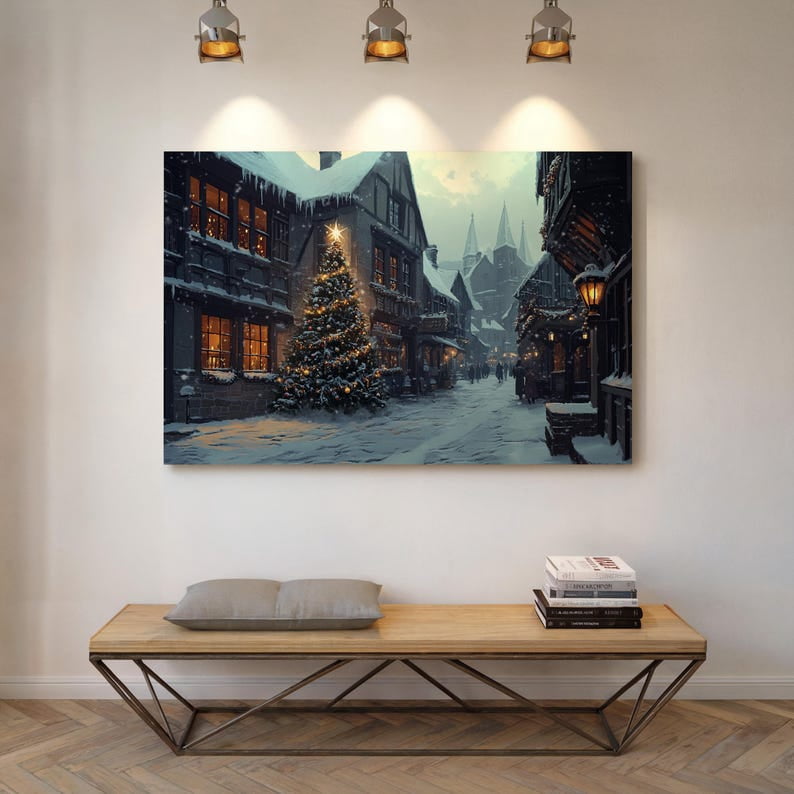 Velto Winter Village Canvas, Snowy Street Market Wall Art, Festive Cozy ...