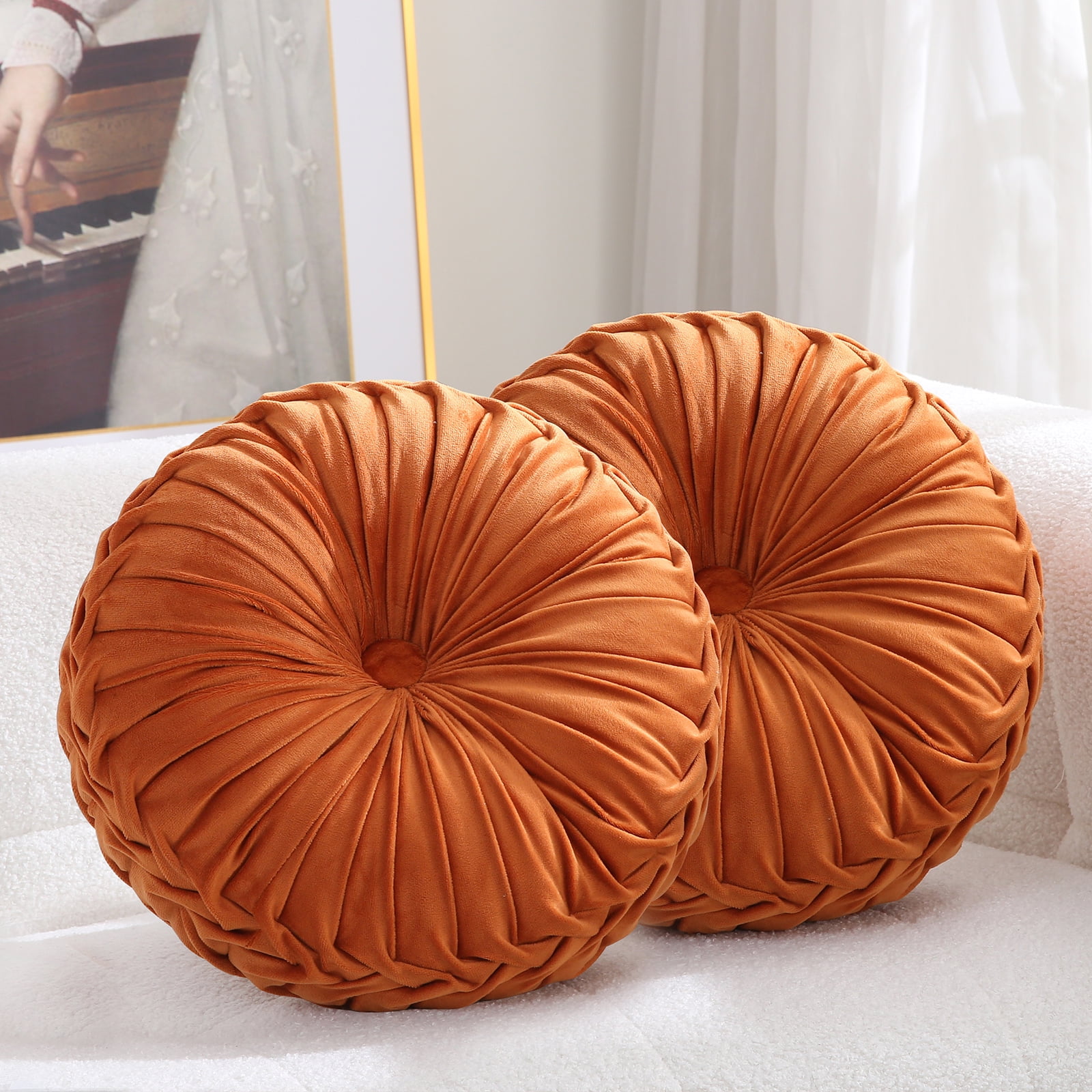 Velvet 15-Inch Round Decorative Pillow Orange for Couch Décor (Set of 2 ...