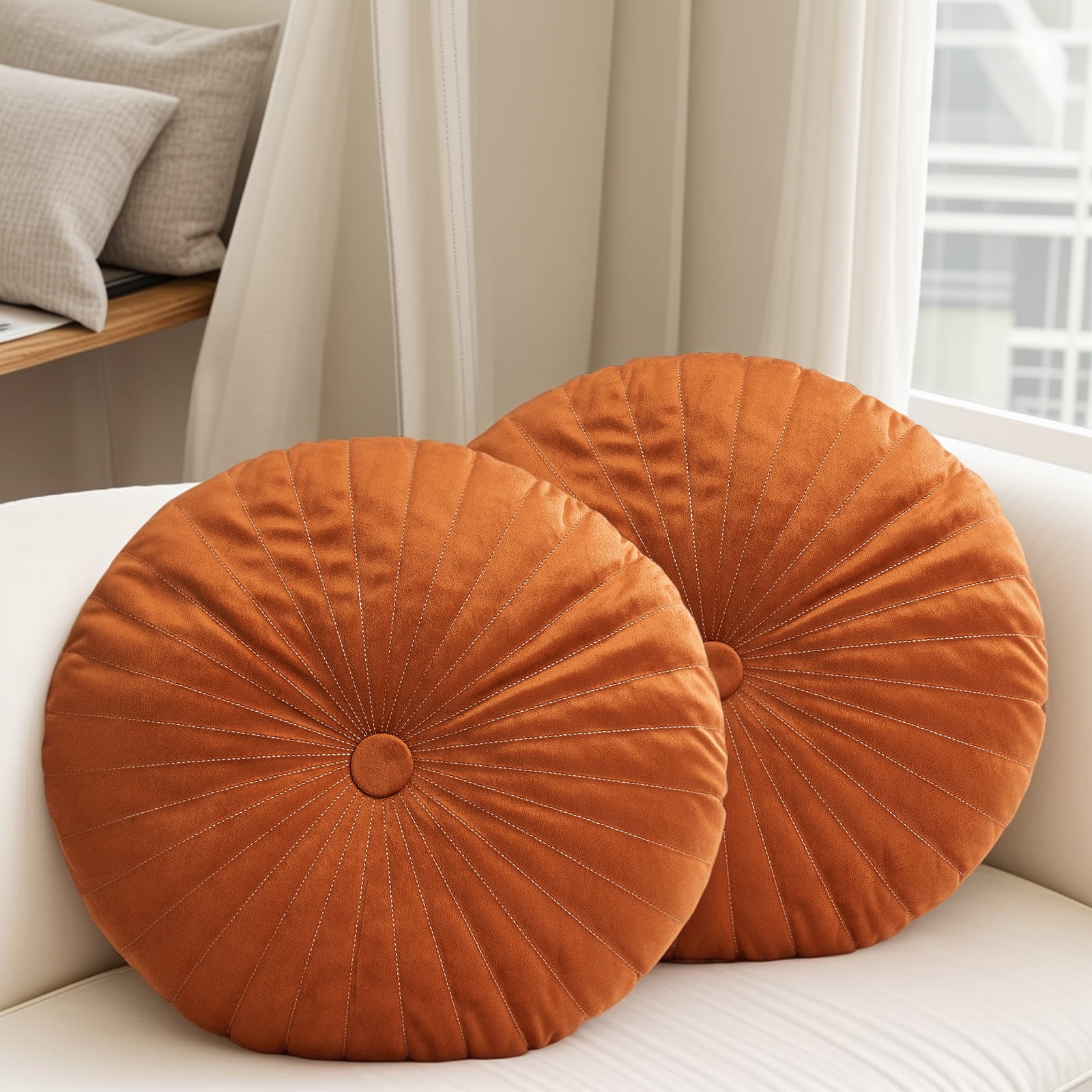 Velvet 18-Inch Round Decorative Pillow Orange for Couch Décor (Set of 2 ...