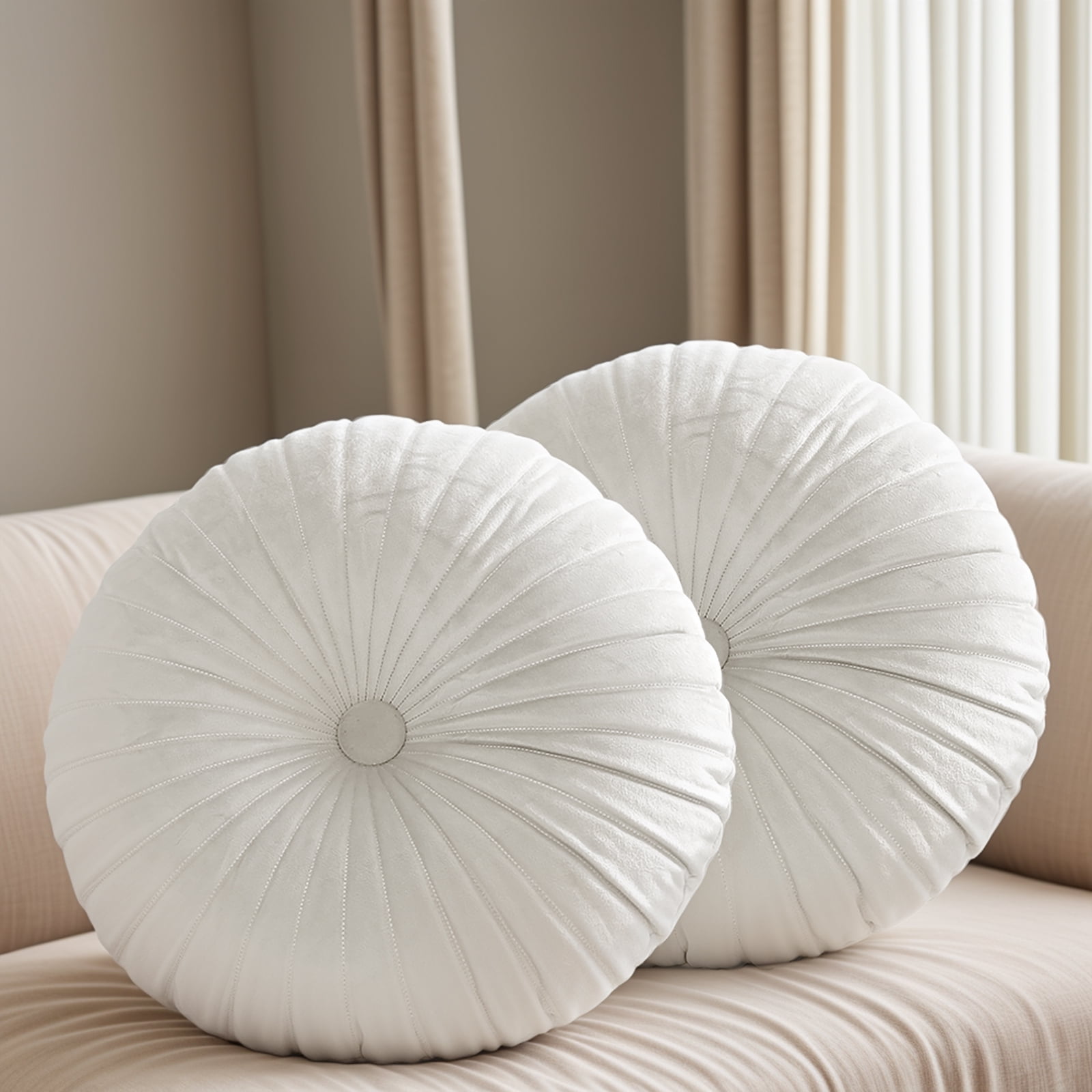 Velvet 18-Inch Round Decorative Pillow White for Couch Décor (Set of 2 ...