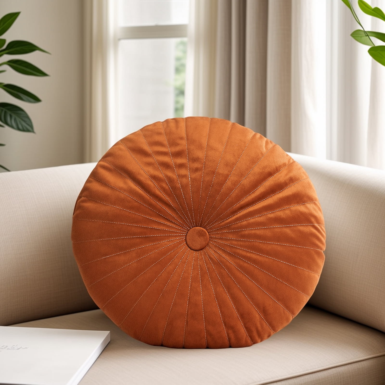 Velvet 18-Inch Round Decorative Pillow for Couch Décor (Orange ...