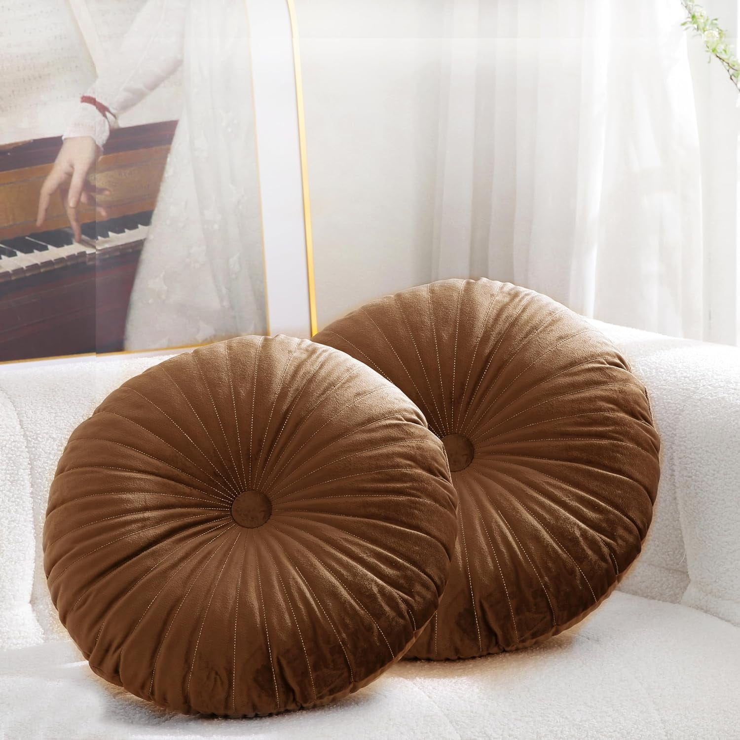 Velvet 18-Inch Round Throw Pillow for Home Decorative Couch, Brown (Set ...