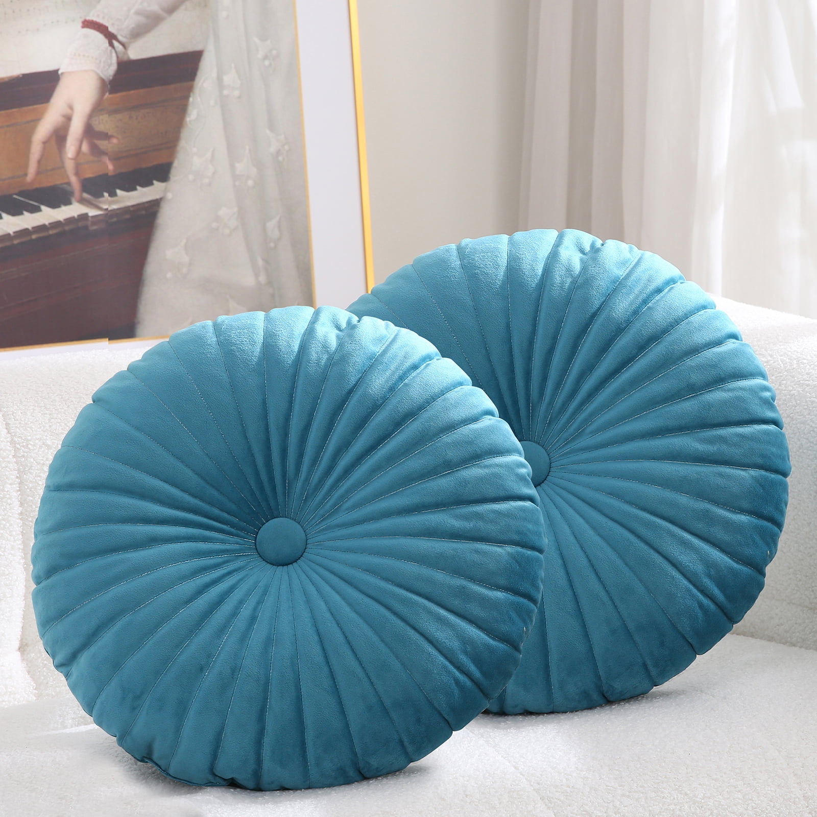 Velvet 18-Inch Round Throw Pillow for Home Decorative Couch, Teal (Set ...
