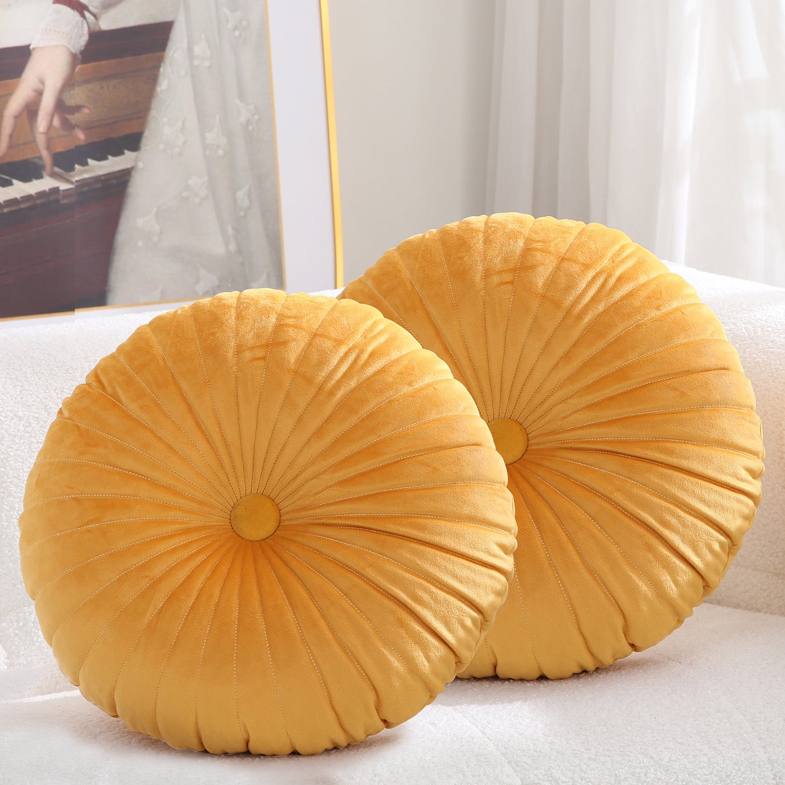 Velvet 18-Inch Round Throw Pillow for Home Decorative Couch, Yellow ...