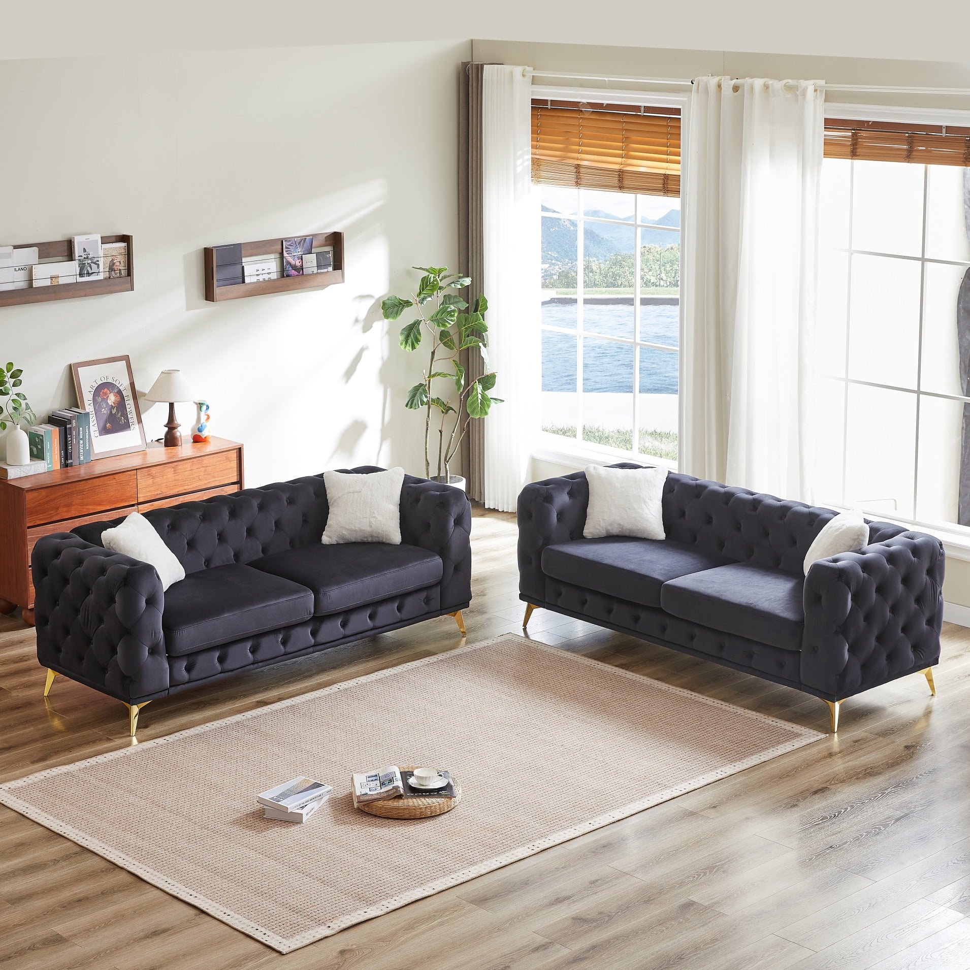 Velvet 2-Piece Living Room Set, 3-Seater Chesterfield Sofa Set of 2 ...