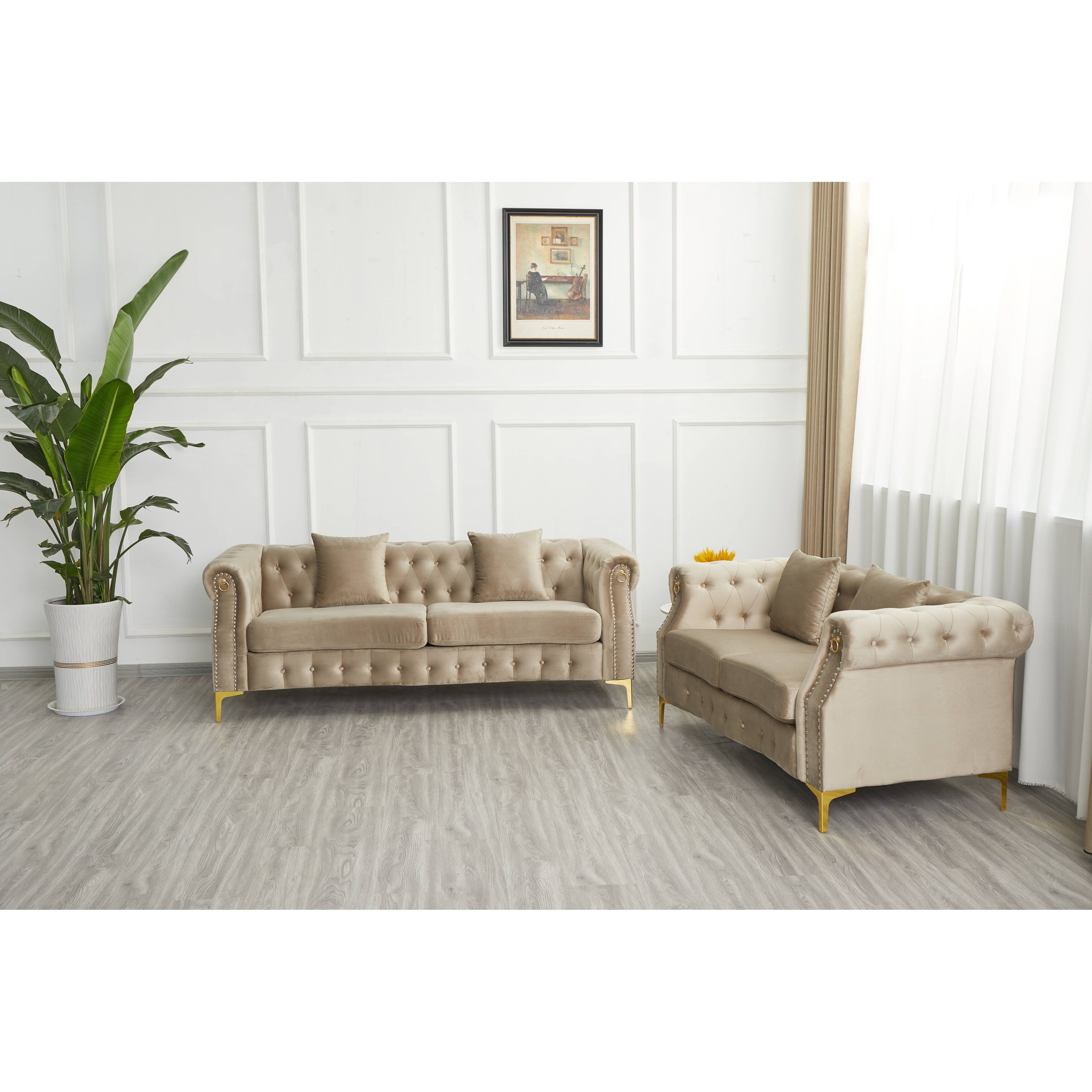 Velvet 2 Piece Loveseat and Sofa Living Room Set Beige - 2 Piece ...