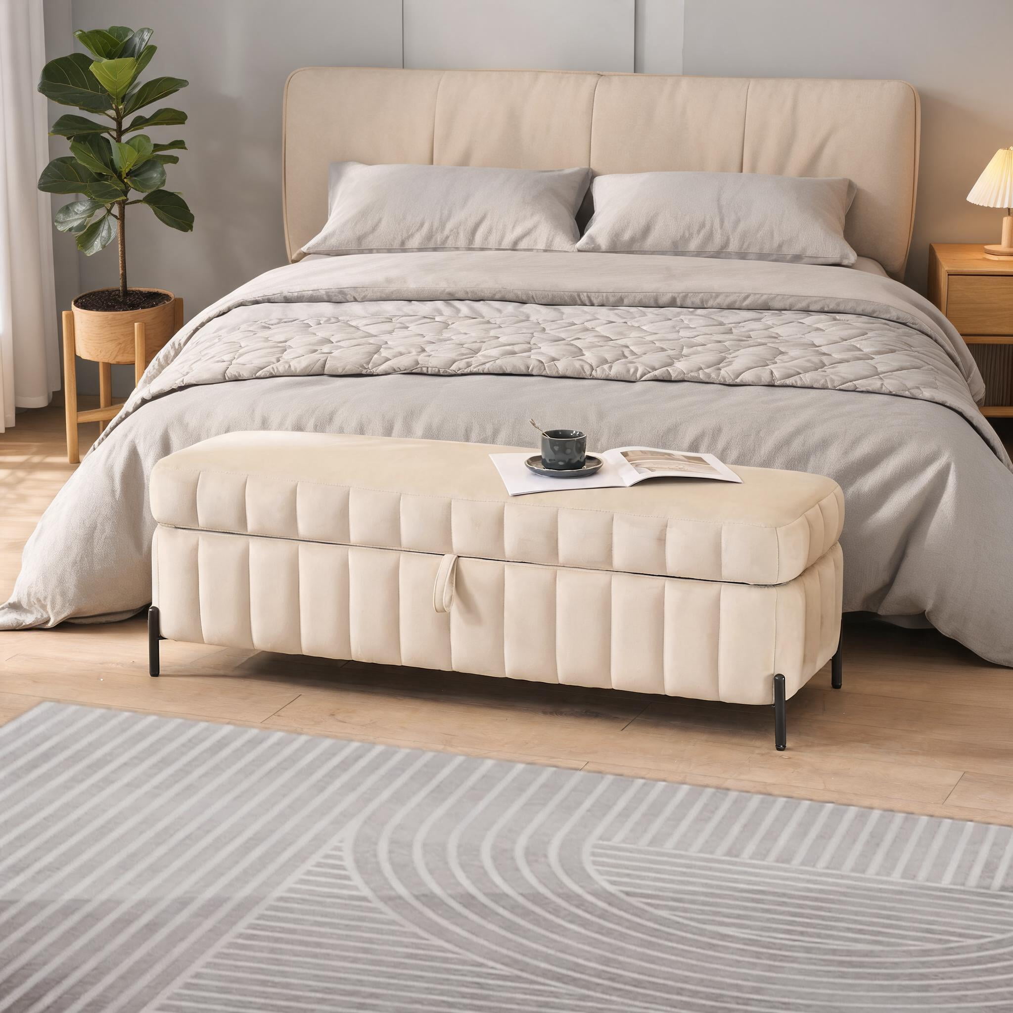 Velvet 2-Seat 49.21 Inch Upholstered Flip Top Storage Bench Neutral ...
