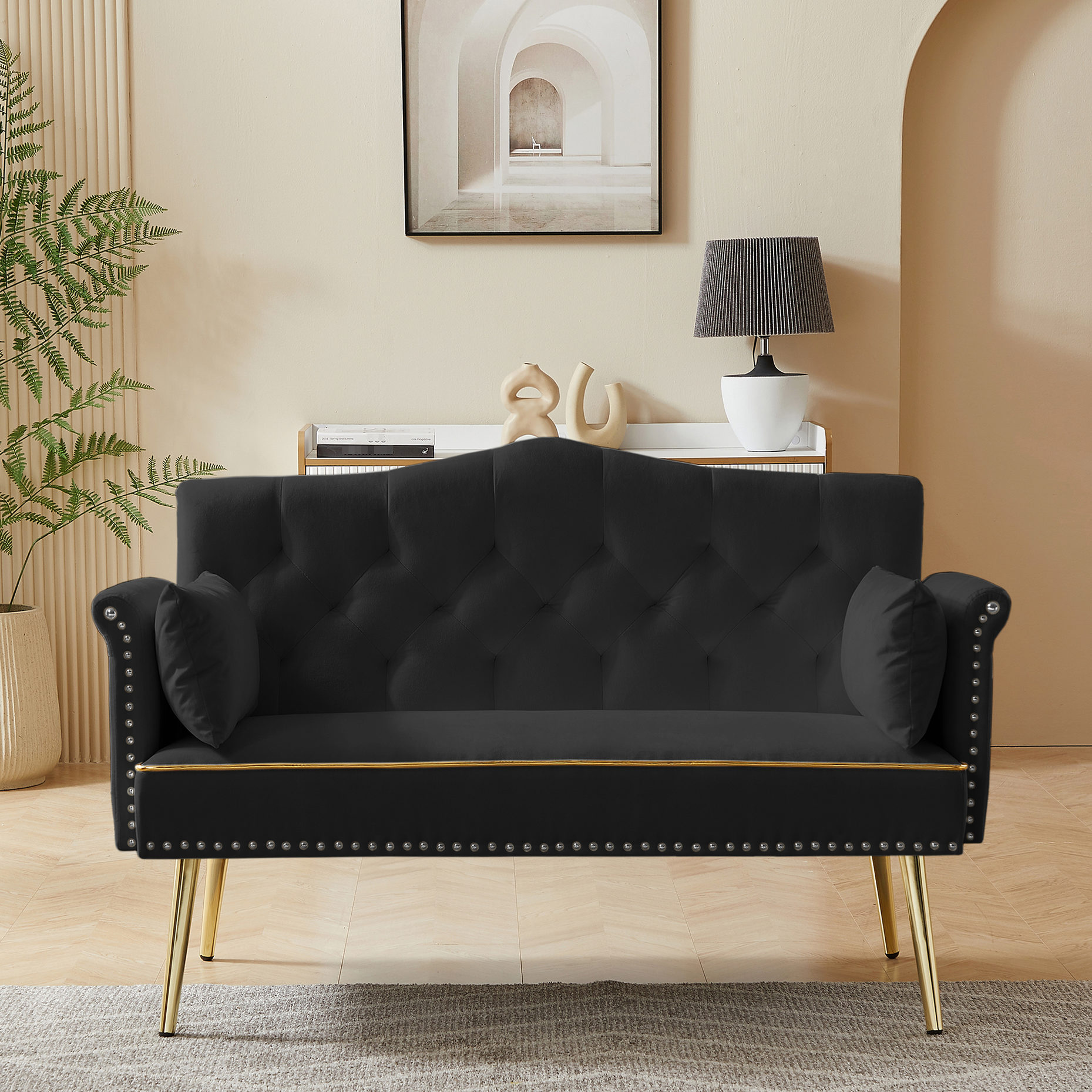 Velvet 2-seater black sofa with tufted design | Suitable for small ...