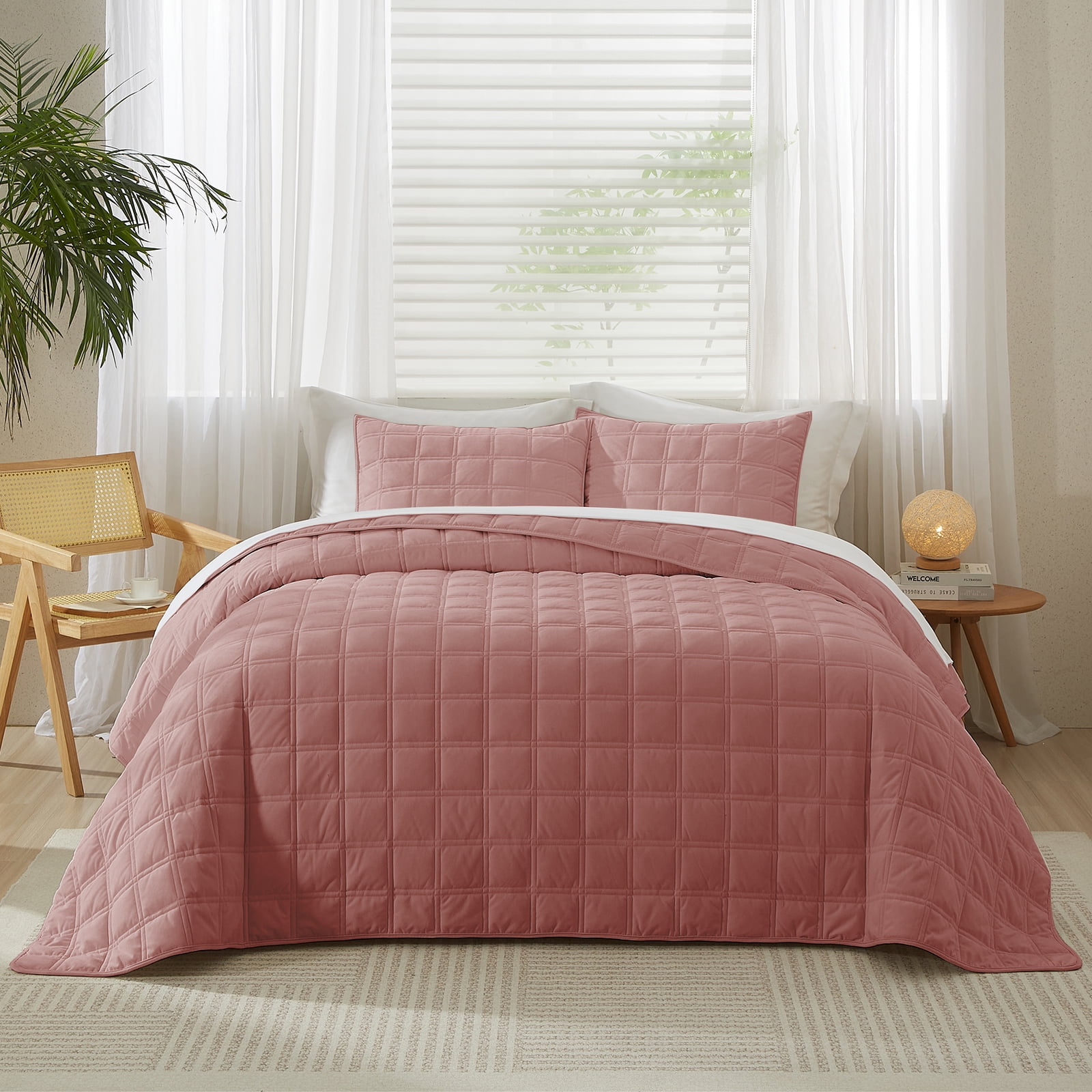 Velvet 3-Piece Full/Queen Quilt Set - Pink, Double Box Stitch ...