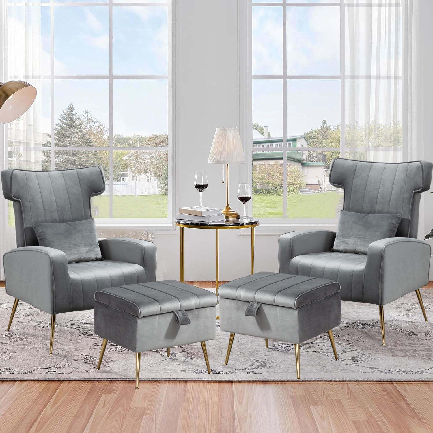 Velvet Accent Arm Chairs with Storage Ottoman Set of 2, Modern Armchair ...