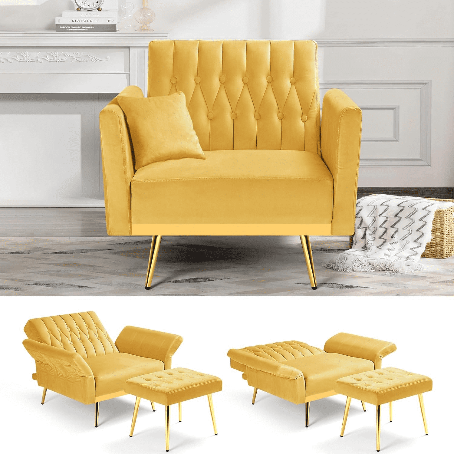 Velvet Accent Chair with Adjustable Backrest and Armrests GUBUONIP ...