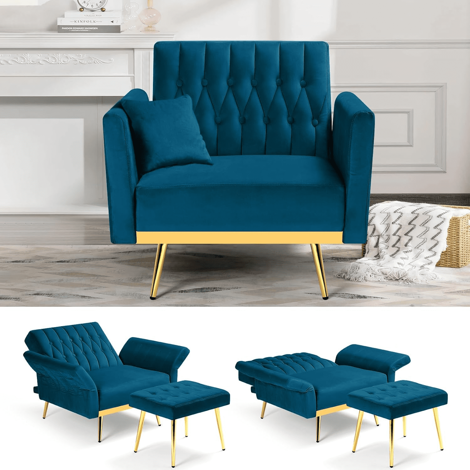 Velvet Accent Chair with Adjustable Backrest and Armrests GUBUONIP ...
