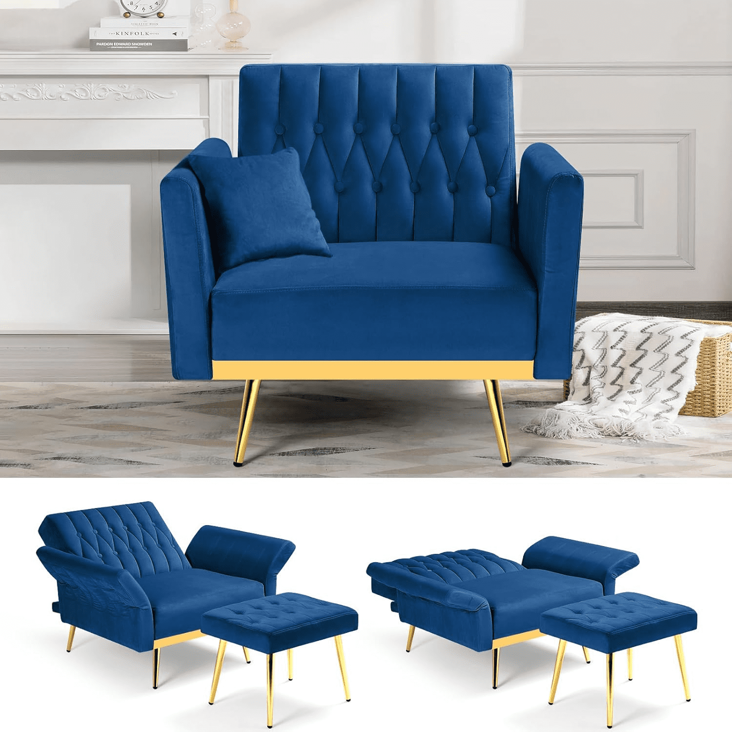 Velvet Accent Chair with Adjustable Backrest and Armrests GUBUONIP ...