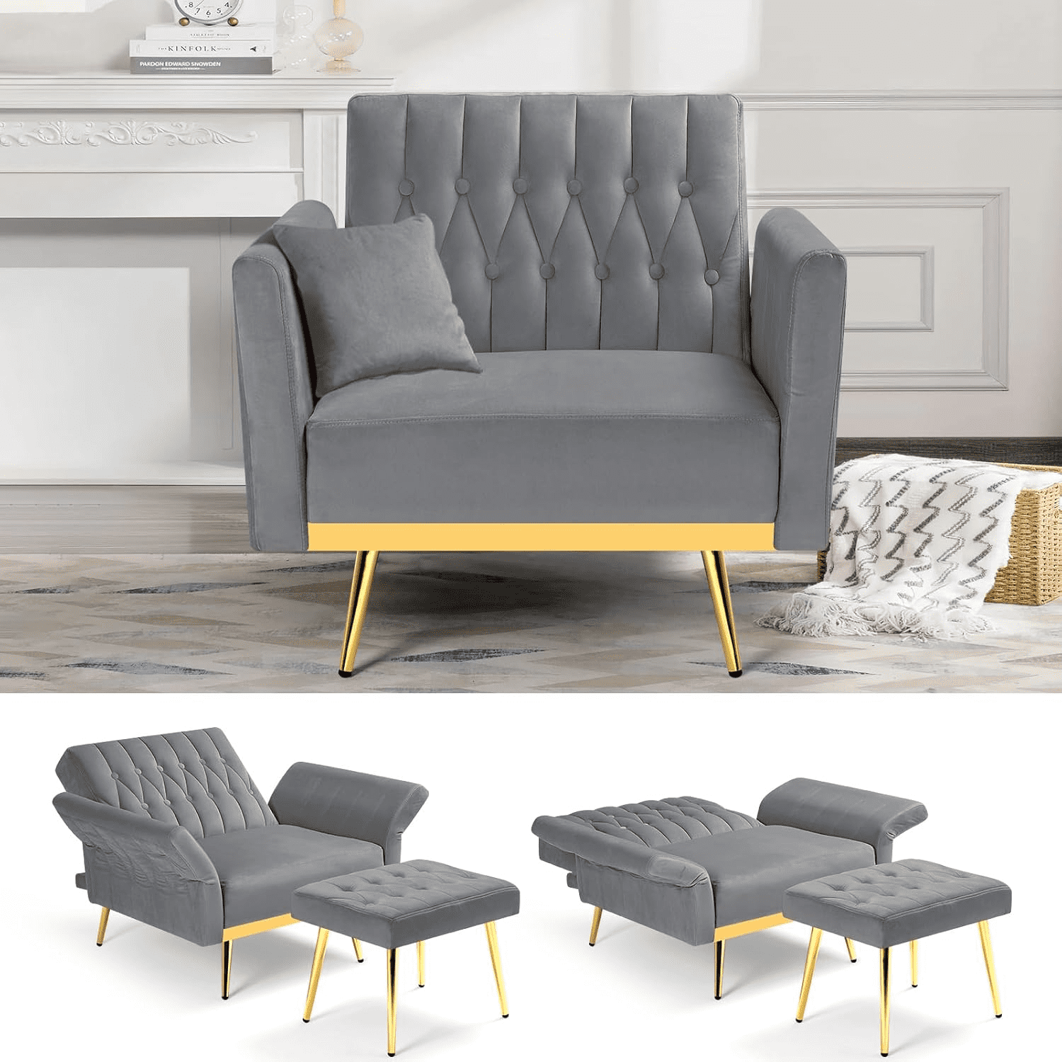 Velvet Accent Chair with Adjustable Backrest and Armrests Single ...