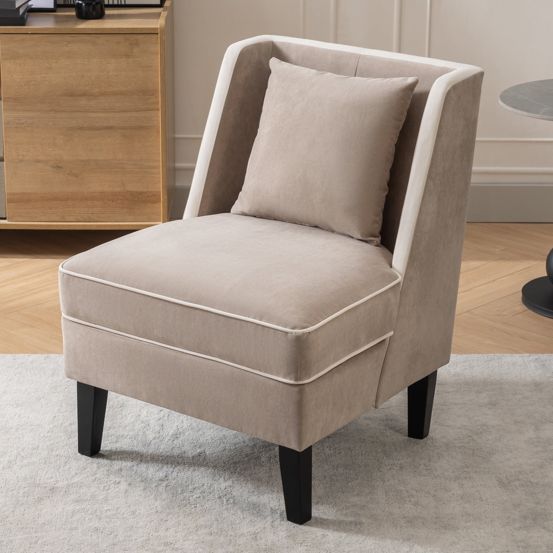 Velvet Accent Chair with Cream Piping, Upholstered Single Sofa Chair ...