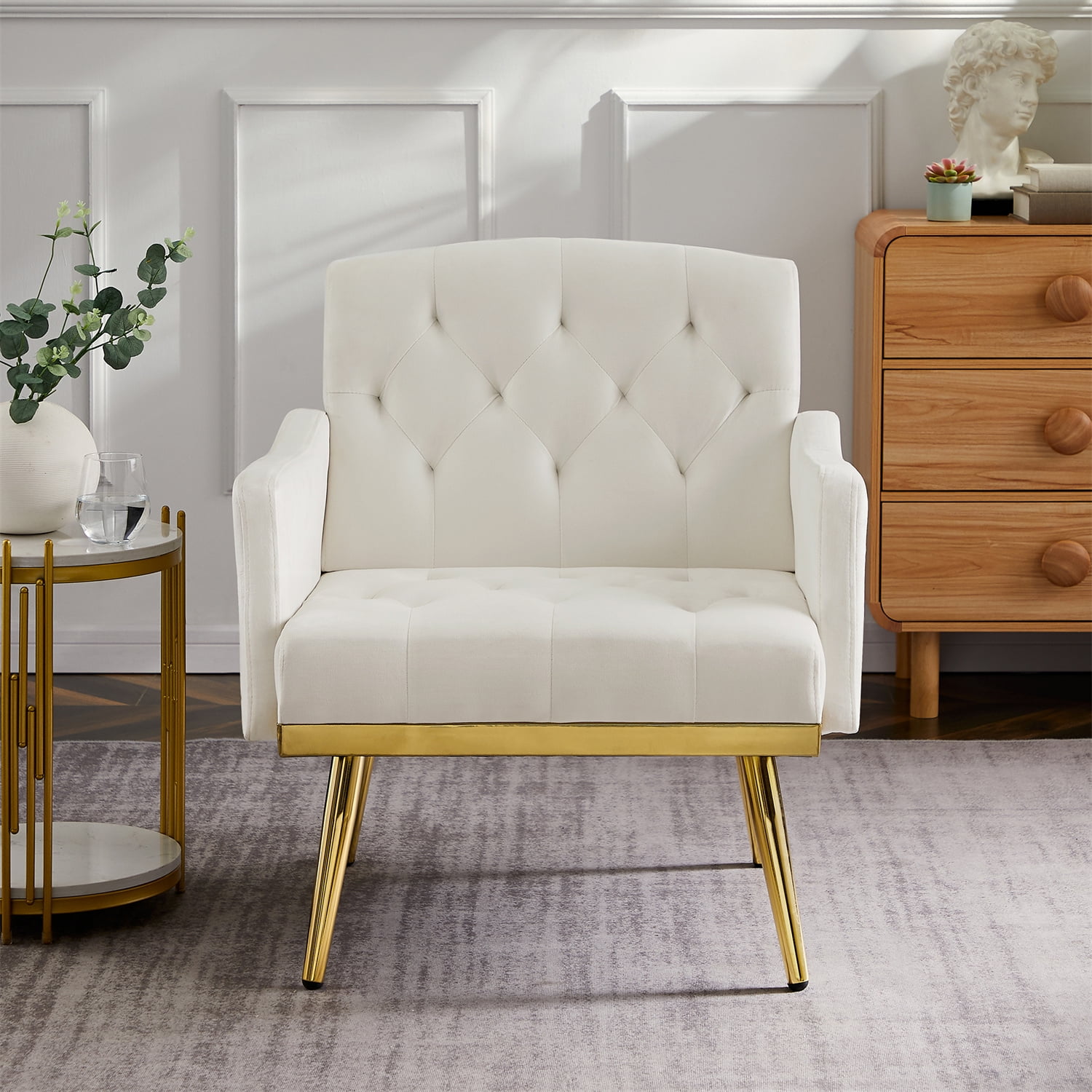 White Velvet Accent Chair, Modern Tufted, High Backrest, Golden Legs ...