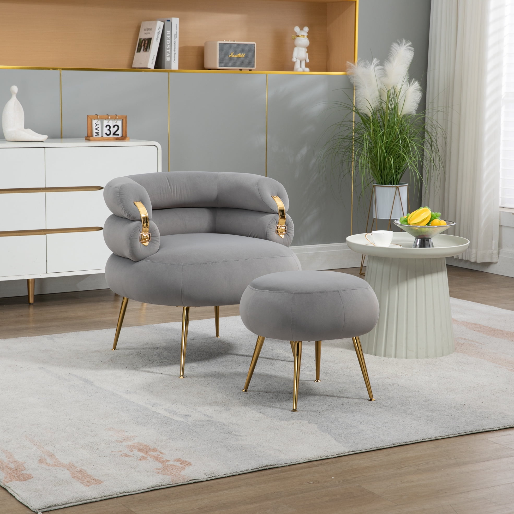 Velvet Accent Chair with Ottoman, Modern Upholstered Armchair Tufted ...