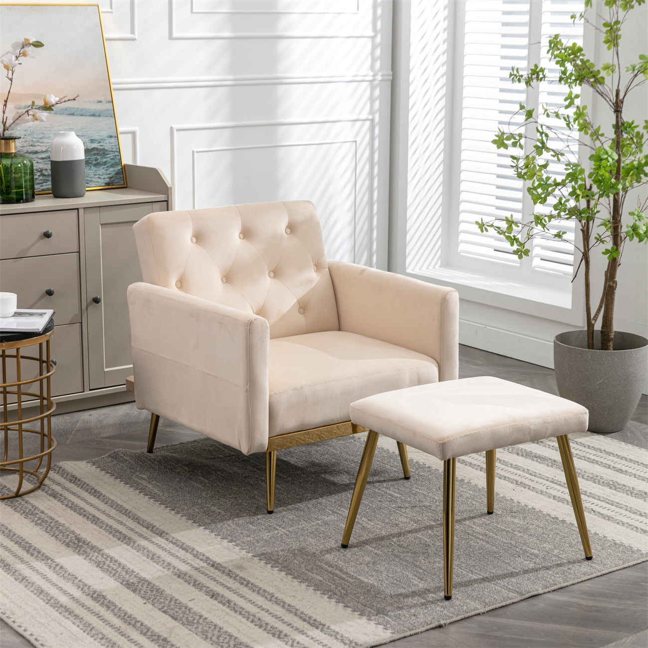 Velvet Accent Chair with Ottoman, Single Sofa Armchair with Adjustable ...